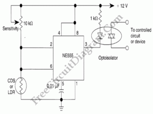 555 IC’s Hysteresis for Dark Activated Relay – Electronic Circuit Diagram