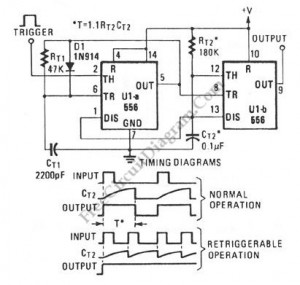 Retriggerable One Shot with 556 IC – Electronic Circuit Diagram